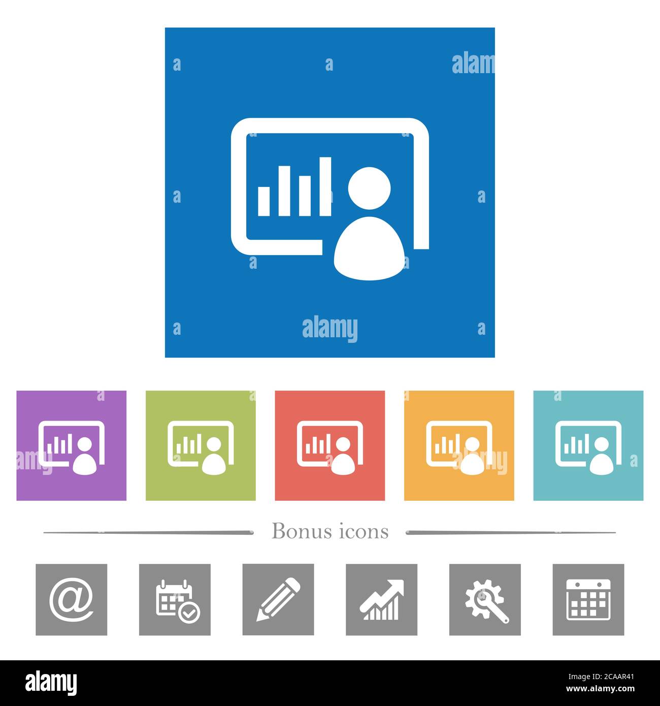 Presentation flat white icons in square backgrounds. 6 bonus icons ...