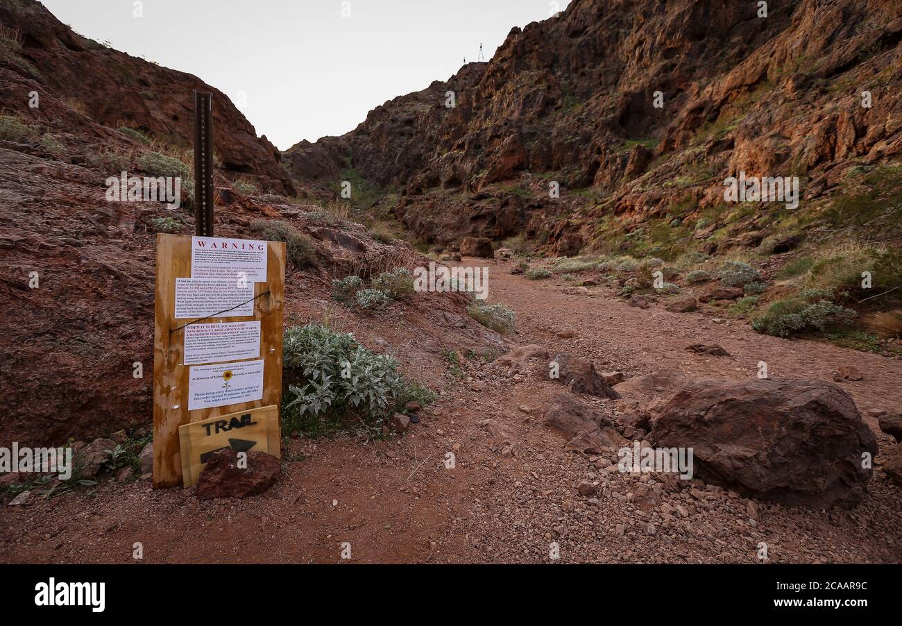 BOULDER CITY, NEVADA, UNITED STATES - Sep 12, 2018: A sign warns of the ...