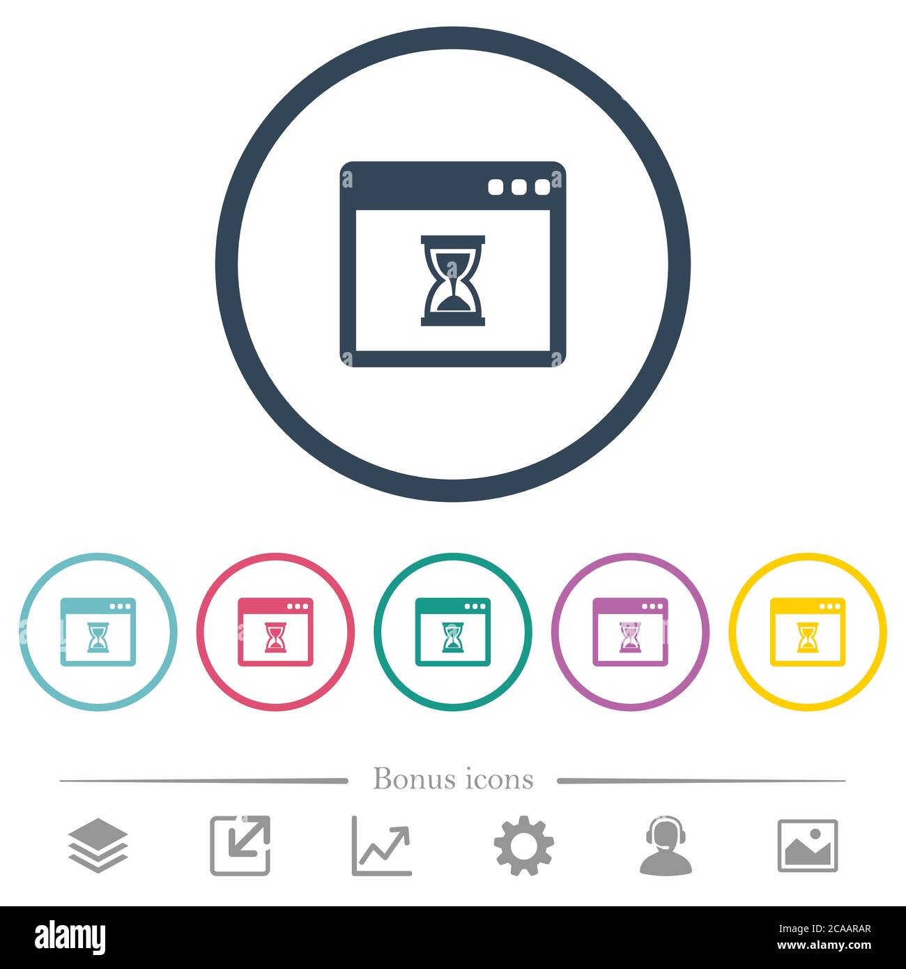 Waiting application flat color icons in round outlines. 6 bonus icons ...
