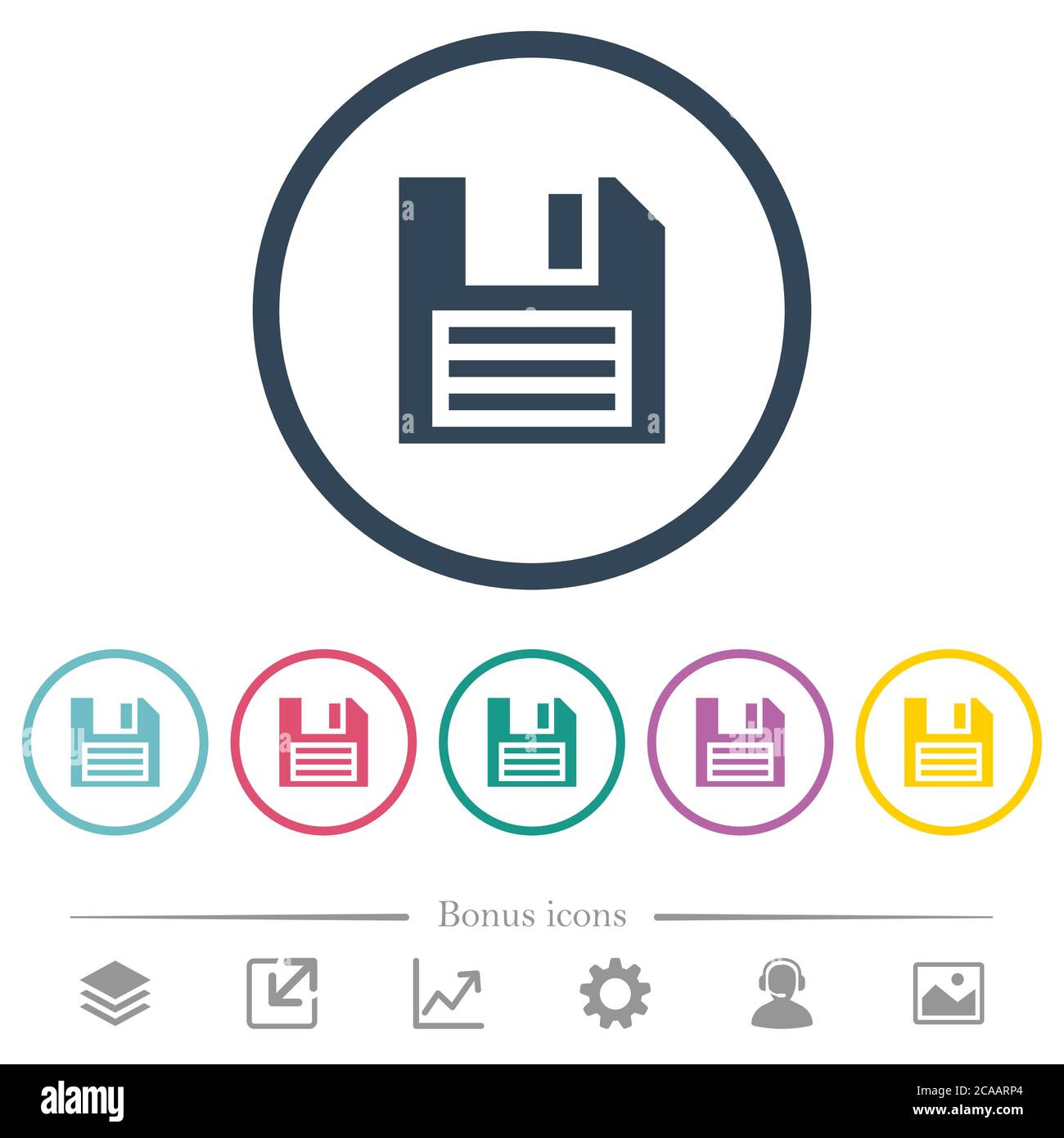 Floppy disk with vignette flat color icons in round outlines. 6 bonus ...