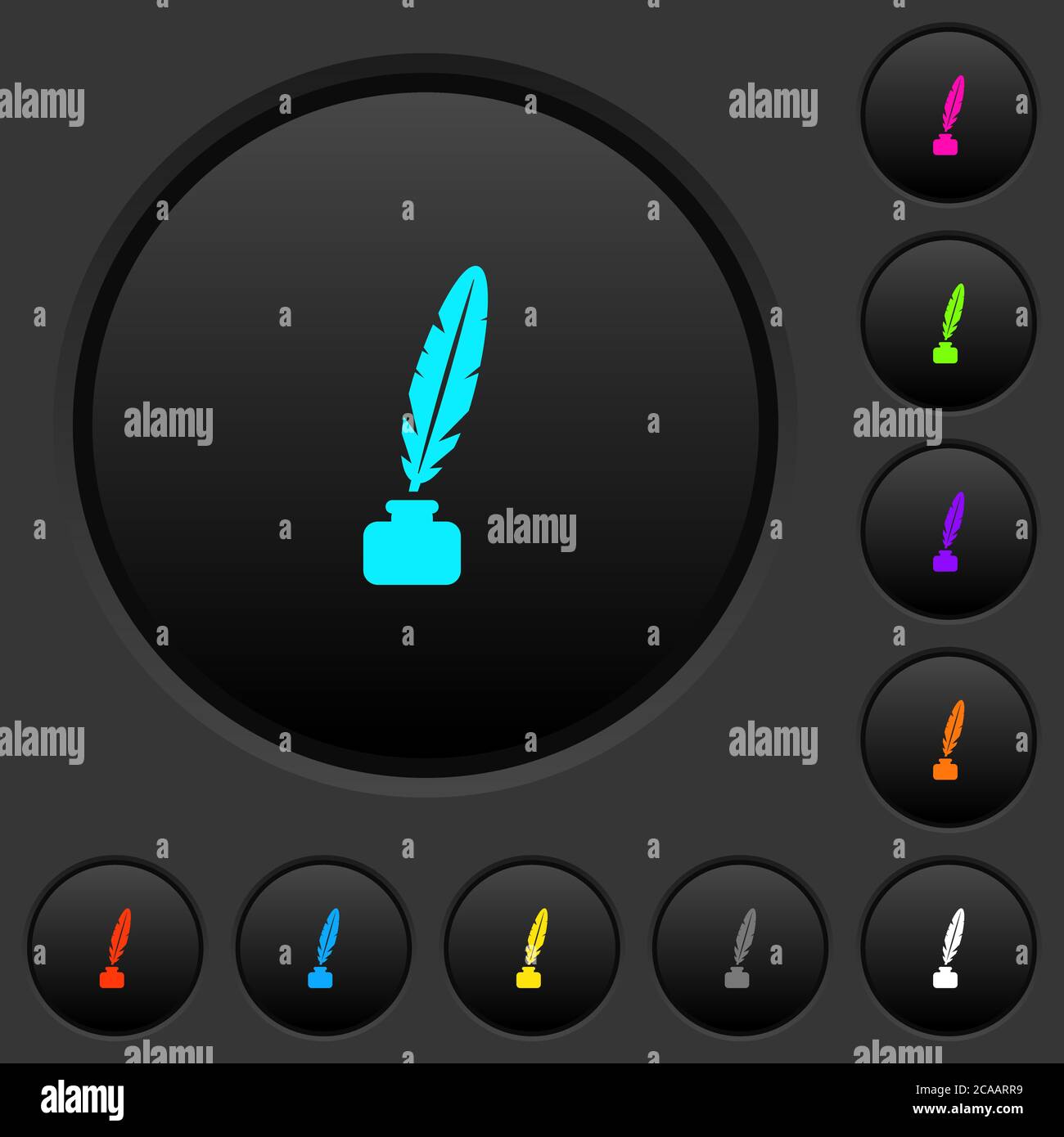 Feather in ink bottle dark push buttons with vivid color icons on dark ...