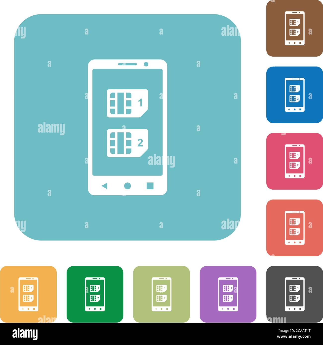 Dual SIM mobile white flat icons on color rounded square backgrounds ...
