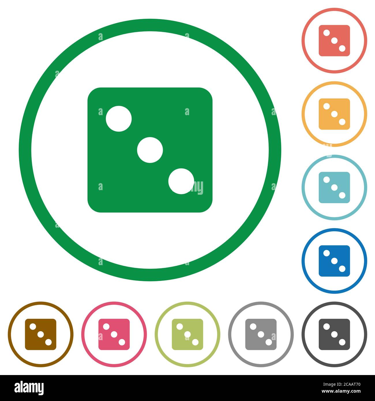 Dice three flat color icons in round outlines on white background Stock ...