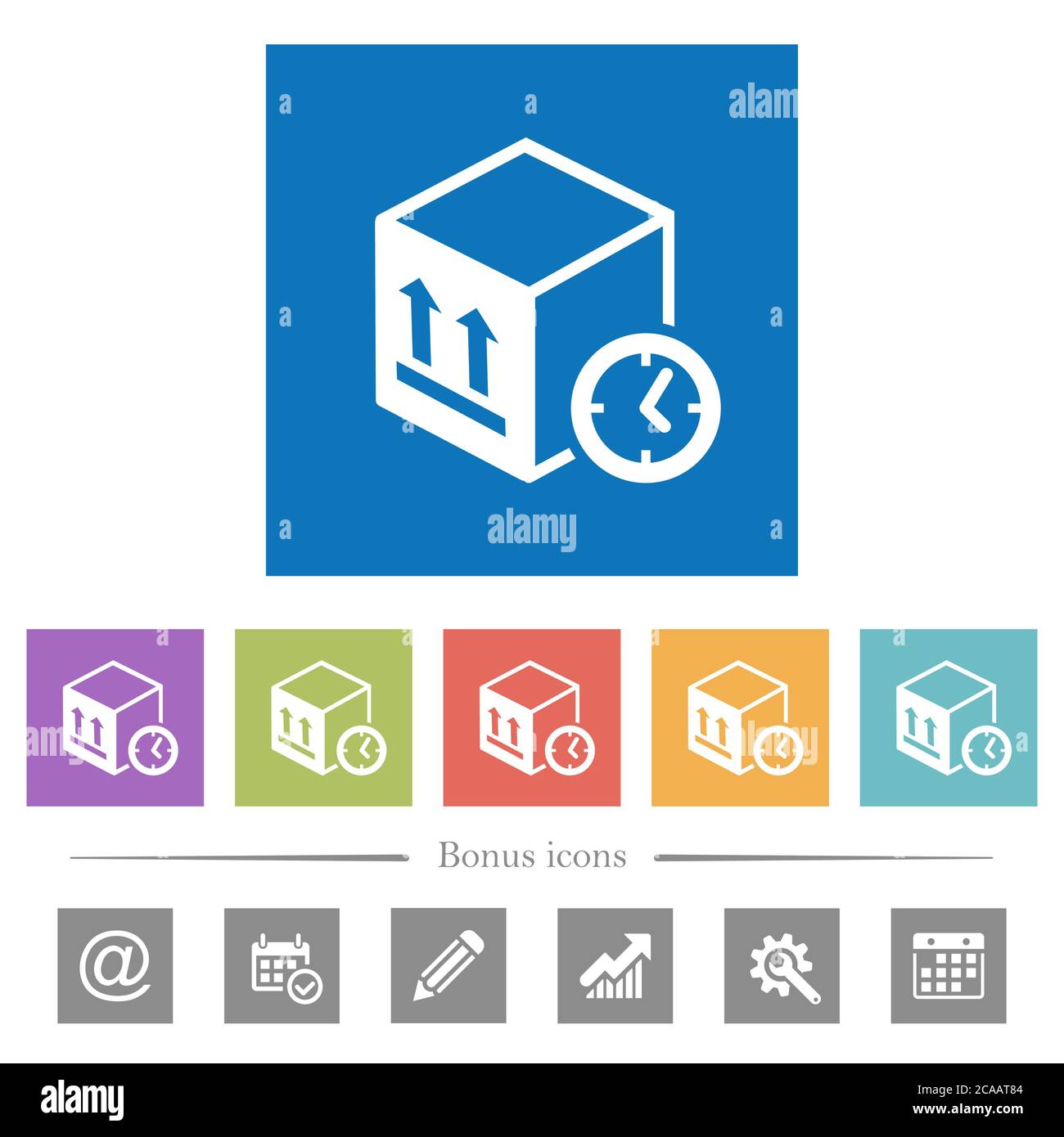 Package shipping time flat white icons in square backgrounds. 6 bonus ...