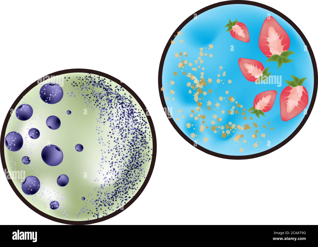 Food composition with blue porridge, strawberry topping and green with ...