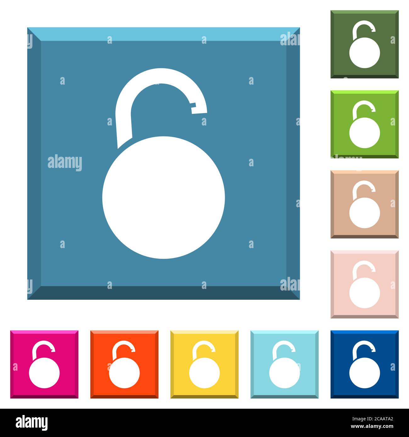 Unlocked round padlock white icons on edged square buttons in various ...