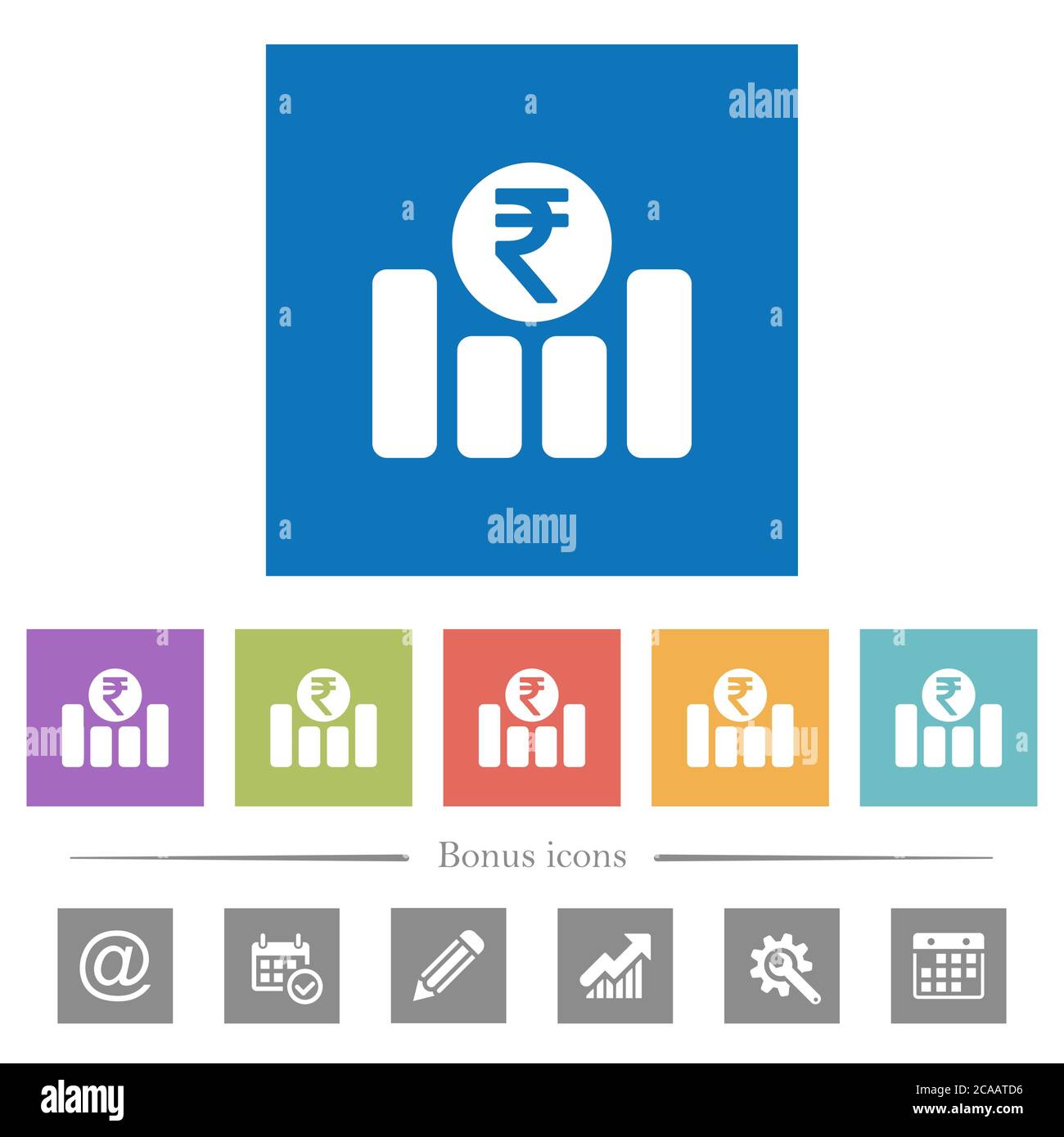 Indian Rupee financial graph flat white icons in square backgrounds. 6 ...
