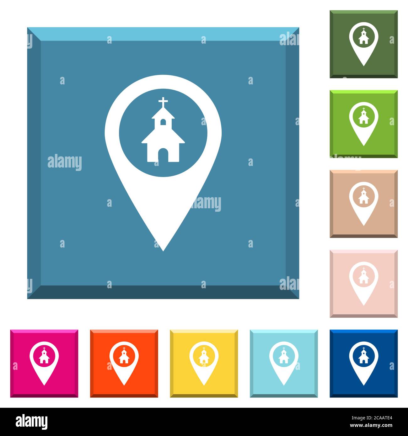 Church GPS map location white icons on edged square buttons in various ...