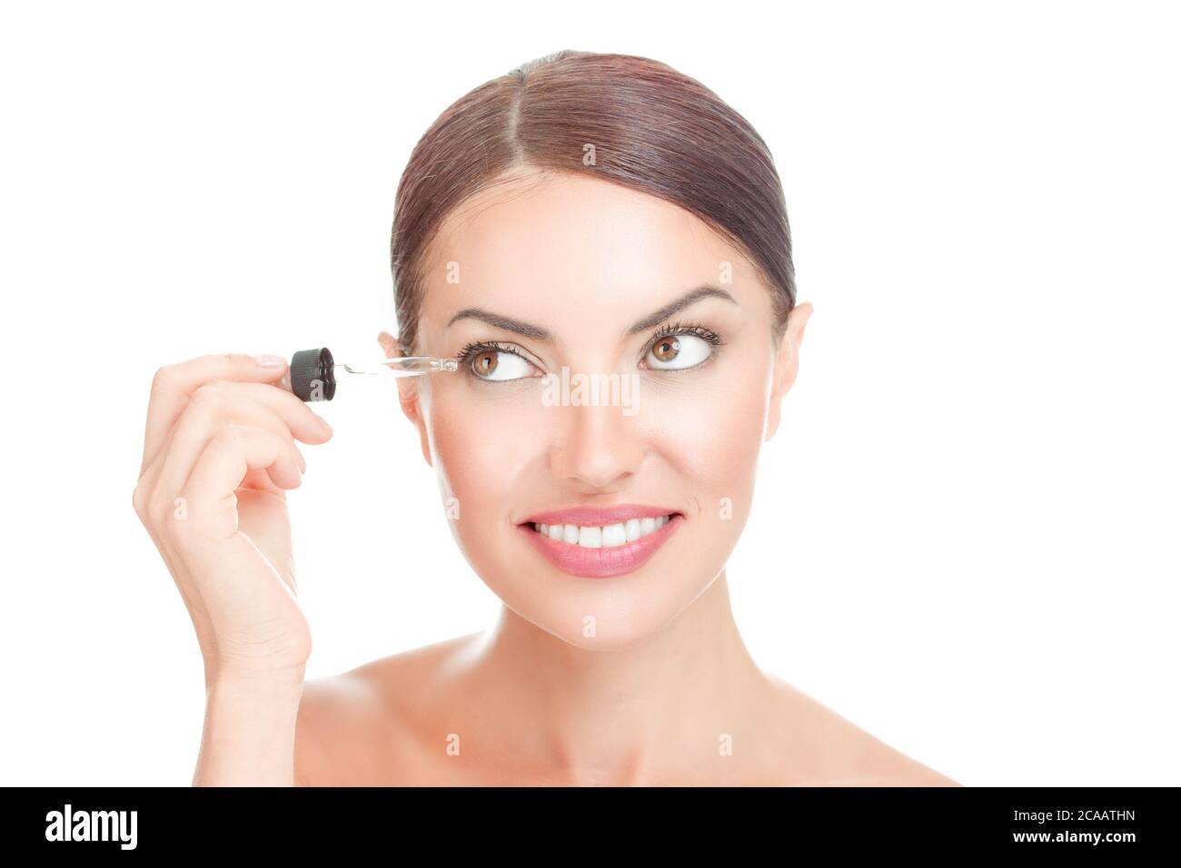 Eye sight gel Serum. Woman applying serum essence essential vitamins ...