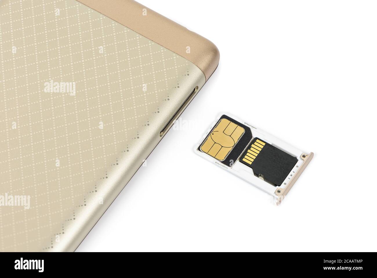 Sim and memory cards on a tray in front of the smartphone isolated on ...