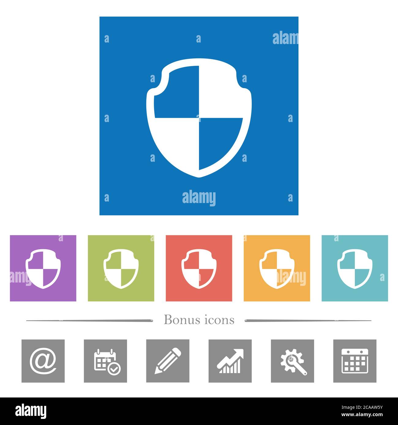 Shield flat white icons in square backgrounds. 6 bonus icons included ...