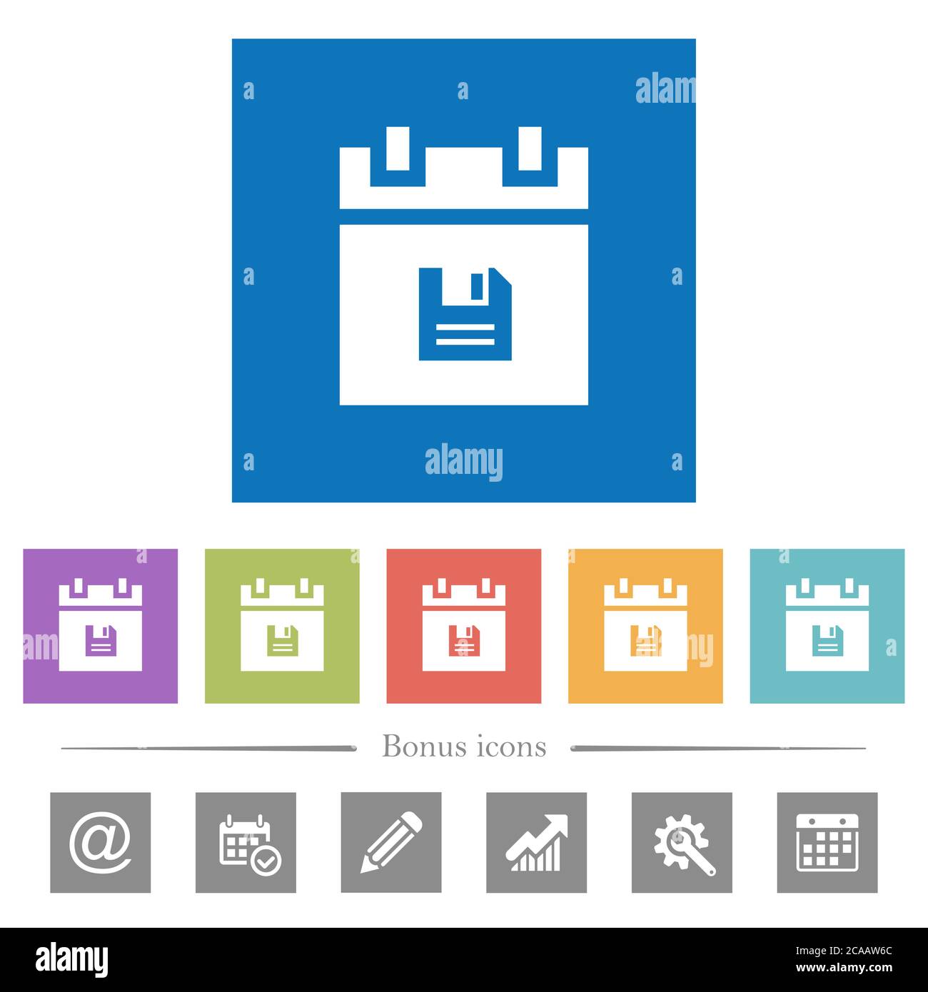 Save schedule data flat white icons in square backgrounds. 6 bonus ...