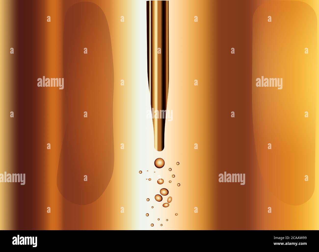 Yellow liquid dripping from glass pipette. Fading gold background ...