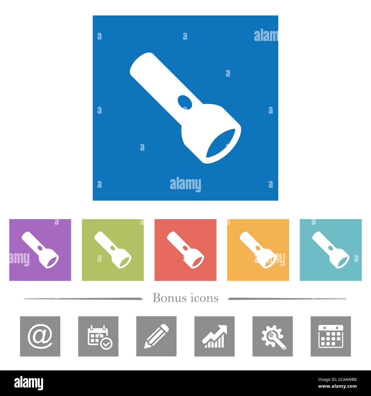 Flashlight flat white icons in square backgrounds. 6 bonus icons ...