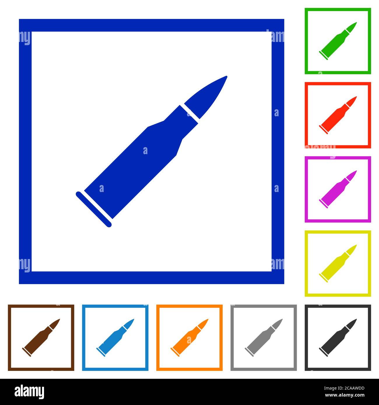 Bullet rifle ammo flat color icons in square frames on white background ...