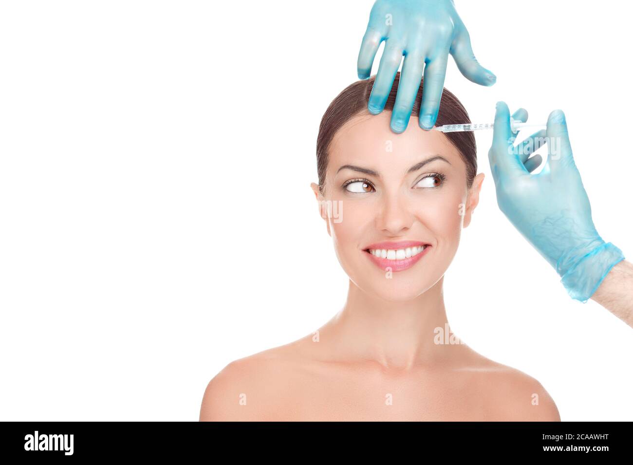 Happy woman receiving hyaluronic acid botulinum toxin injection in her ...
