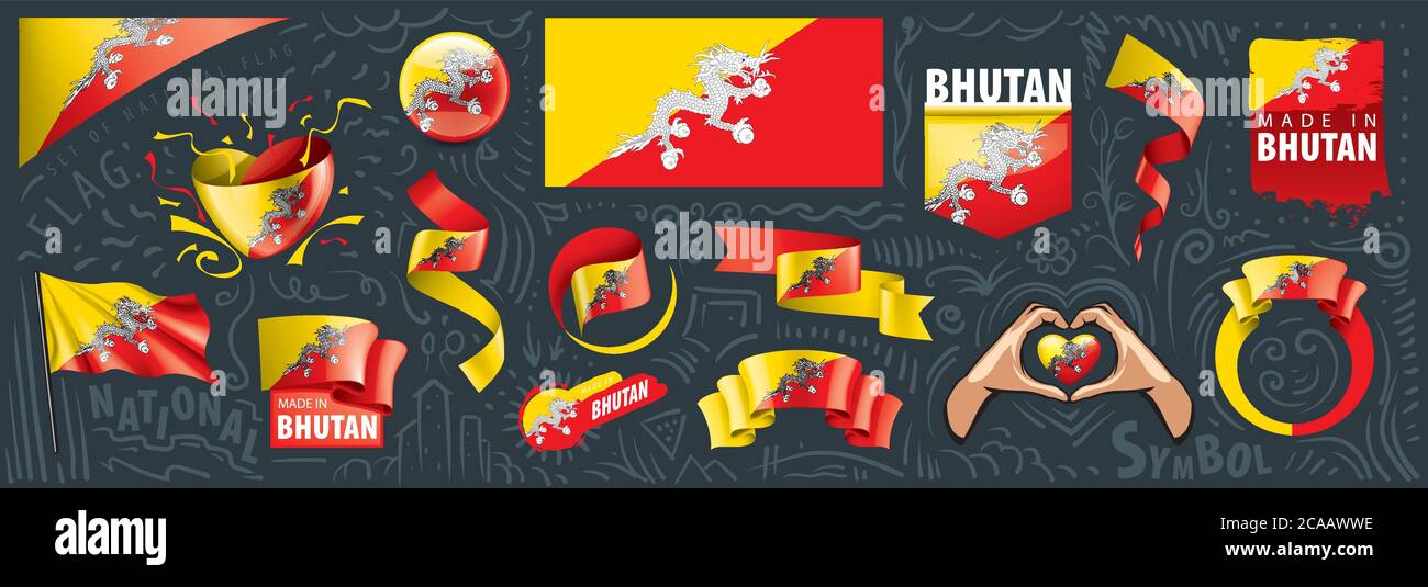 Vector set of the national flag of Bhutan in various creative designs ...