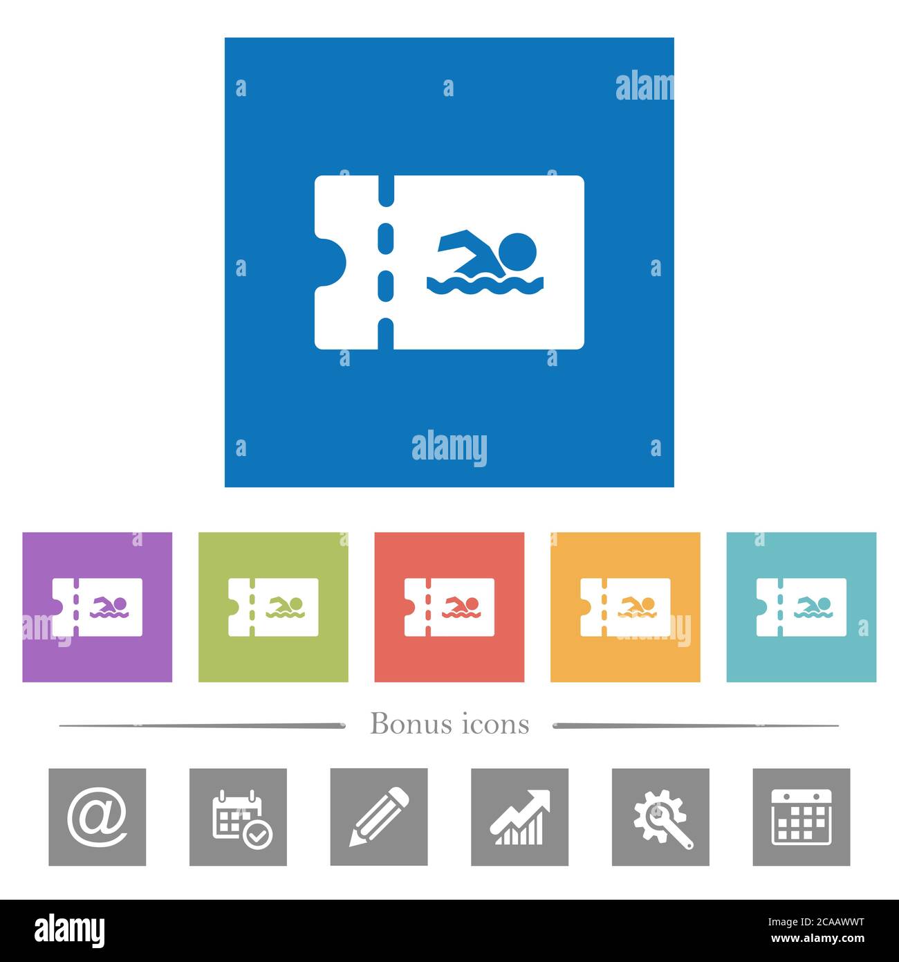 Swimming pool discount coupon flat white icons in square backgrounds. 6 ...