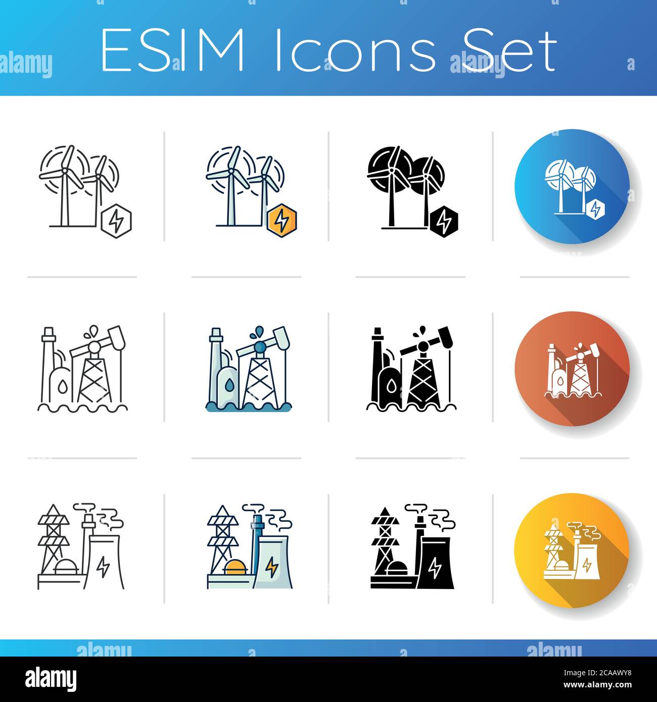 Energy manufacturing icons set. Linear, black and RGB color styles ...