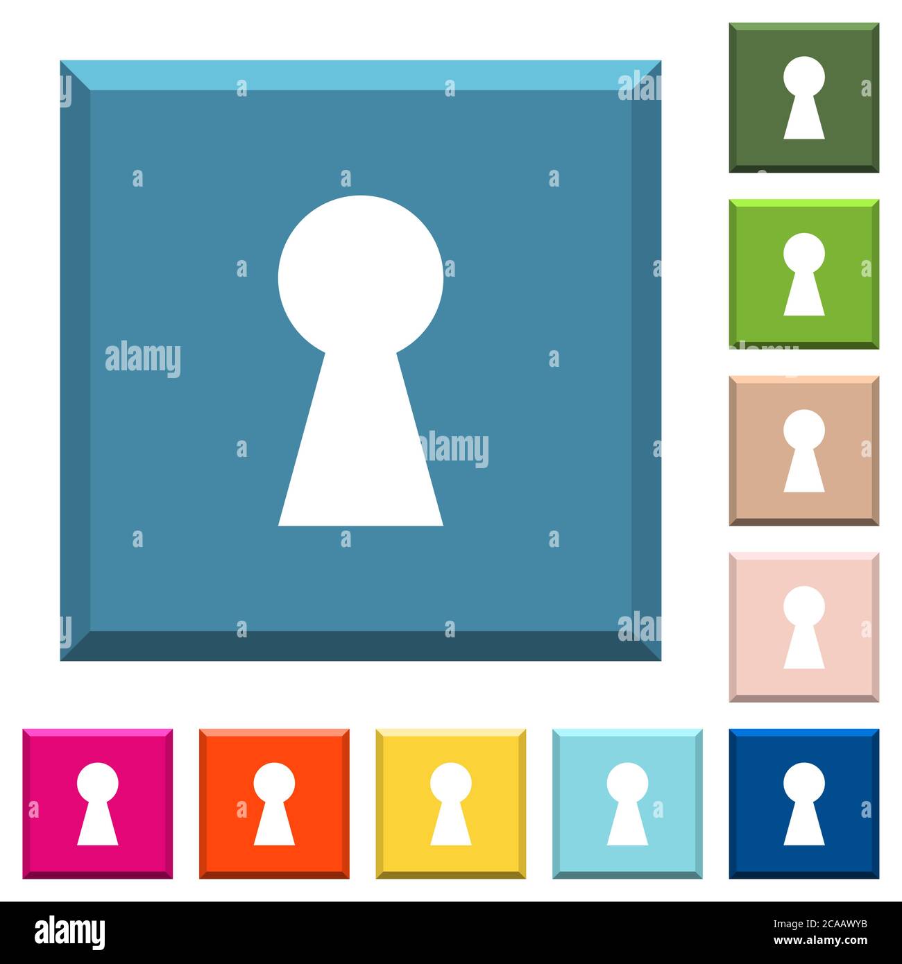 Keyhole white icons on edged square buttons in various trendy colors ...