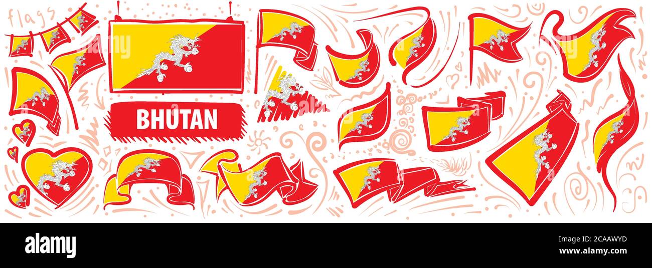Vector set of the national flag of Bhutan in various creative designs ...