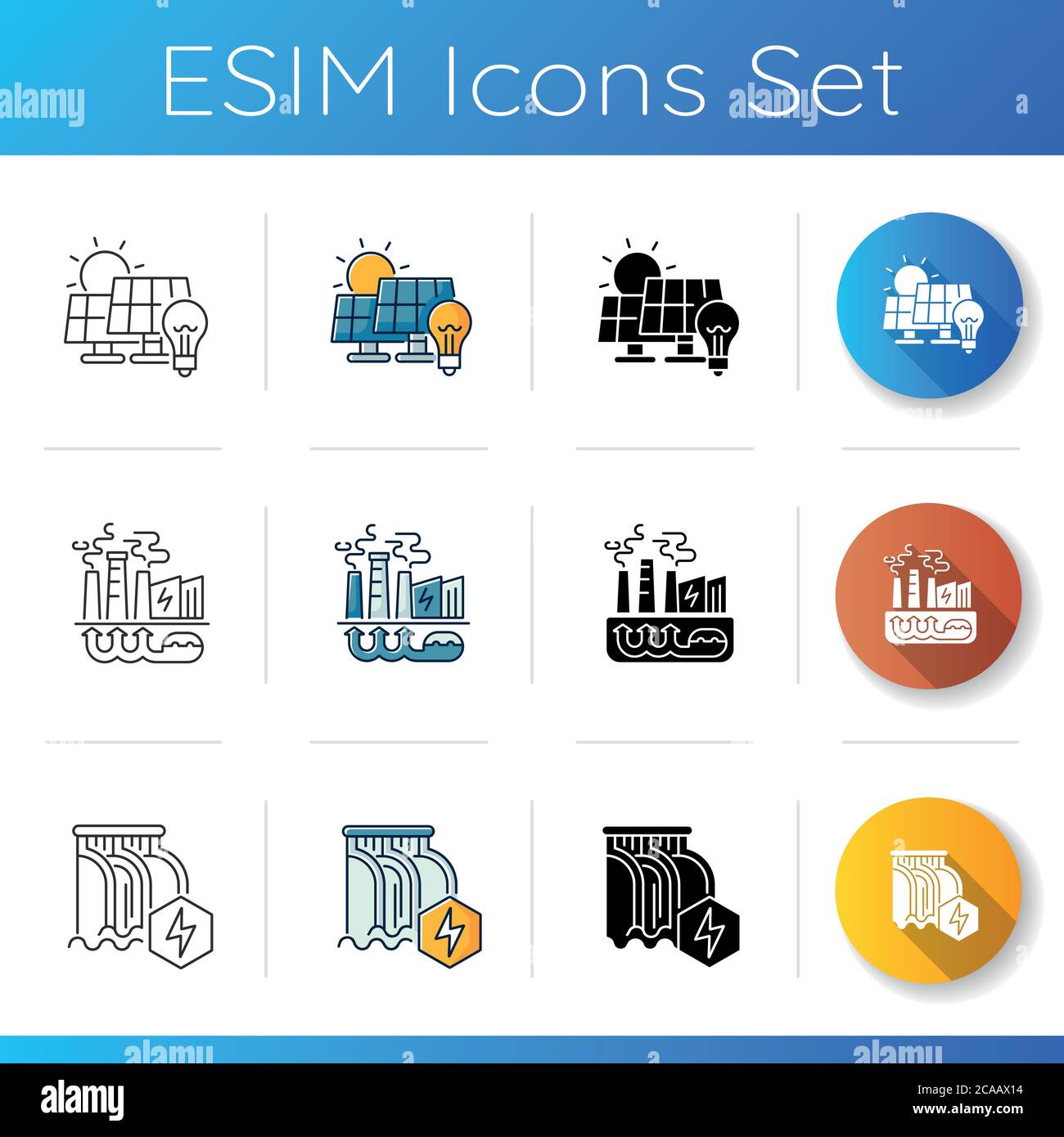 Eco friendly power manufacturing icons set. Linear, black and RGB color ...