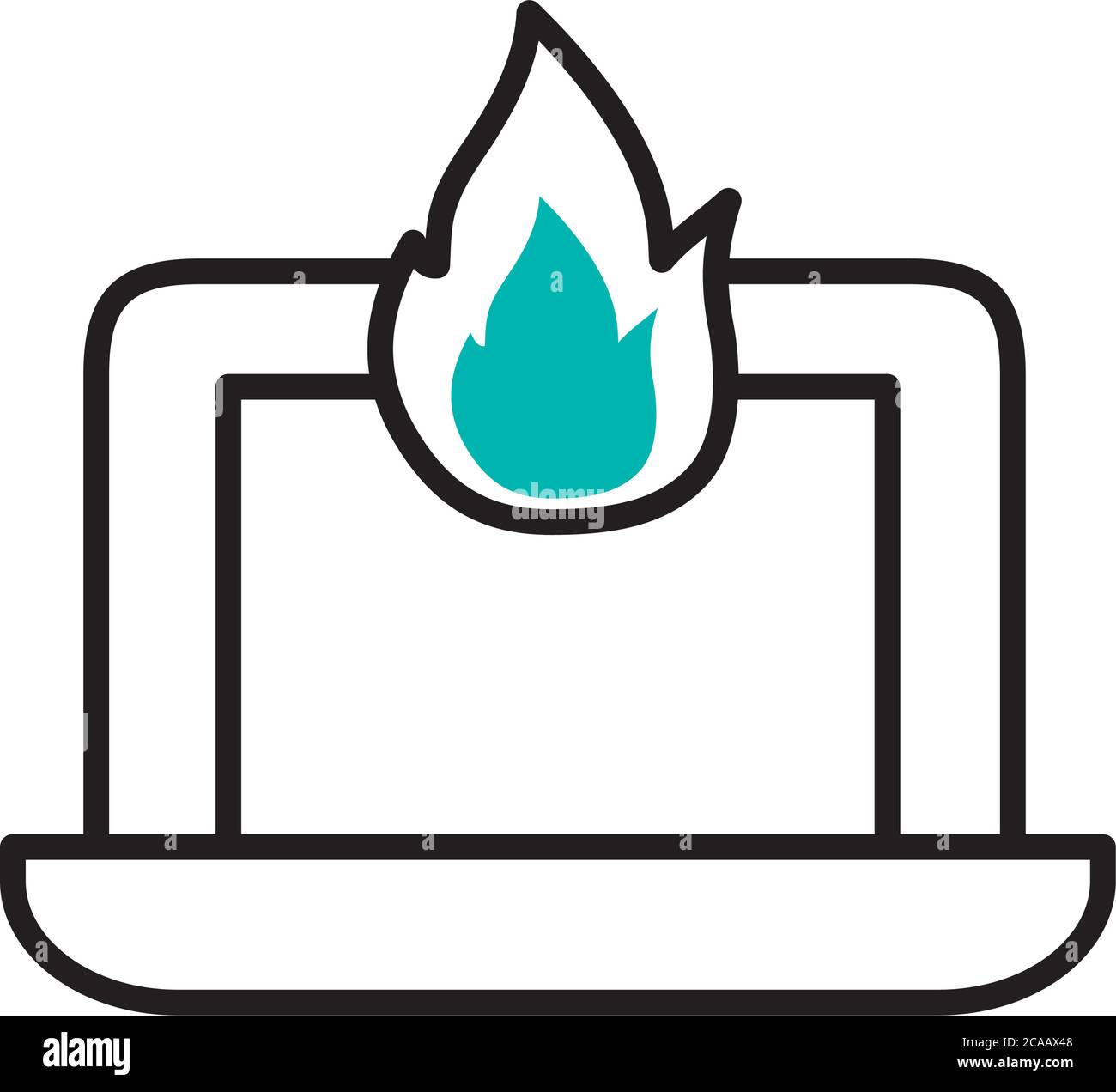 cyber security concept, laptop computer with fire flame icon over white ...