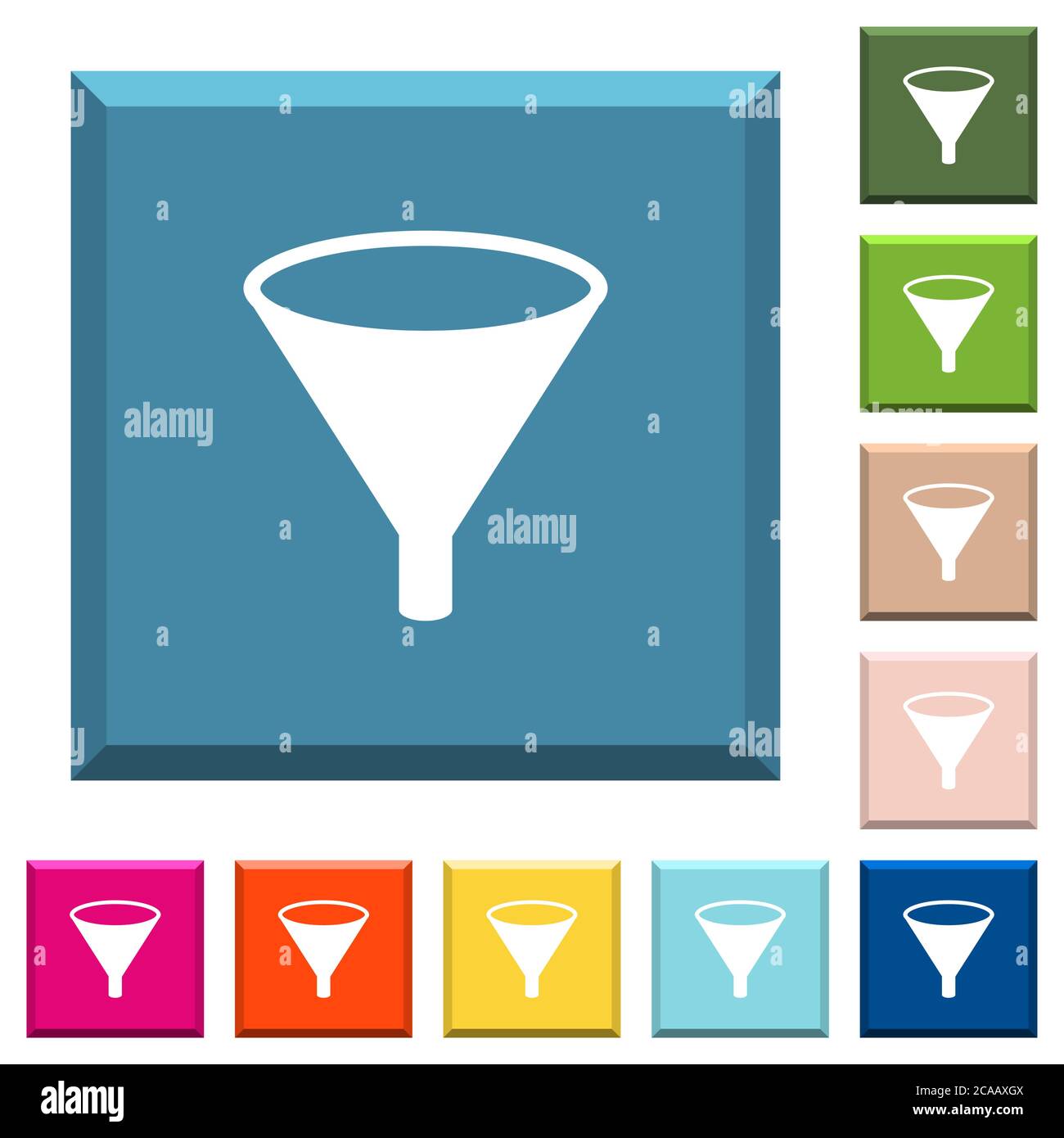 Funnel white icons on edged square buttons in various trendy colors ...