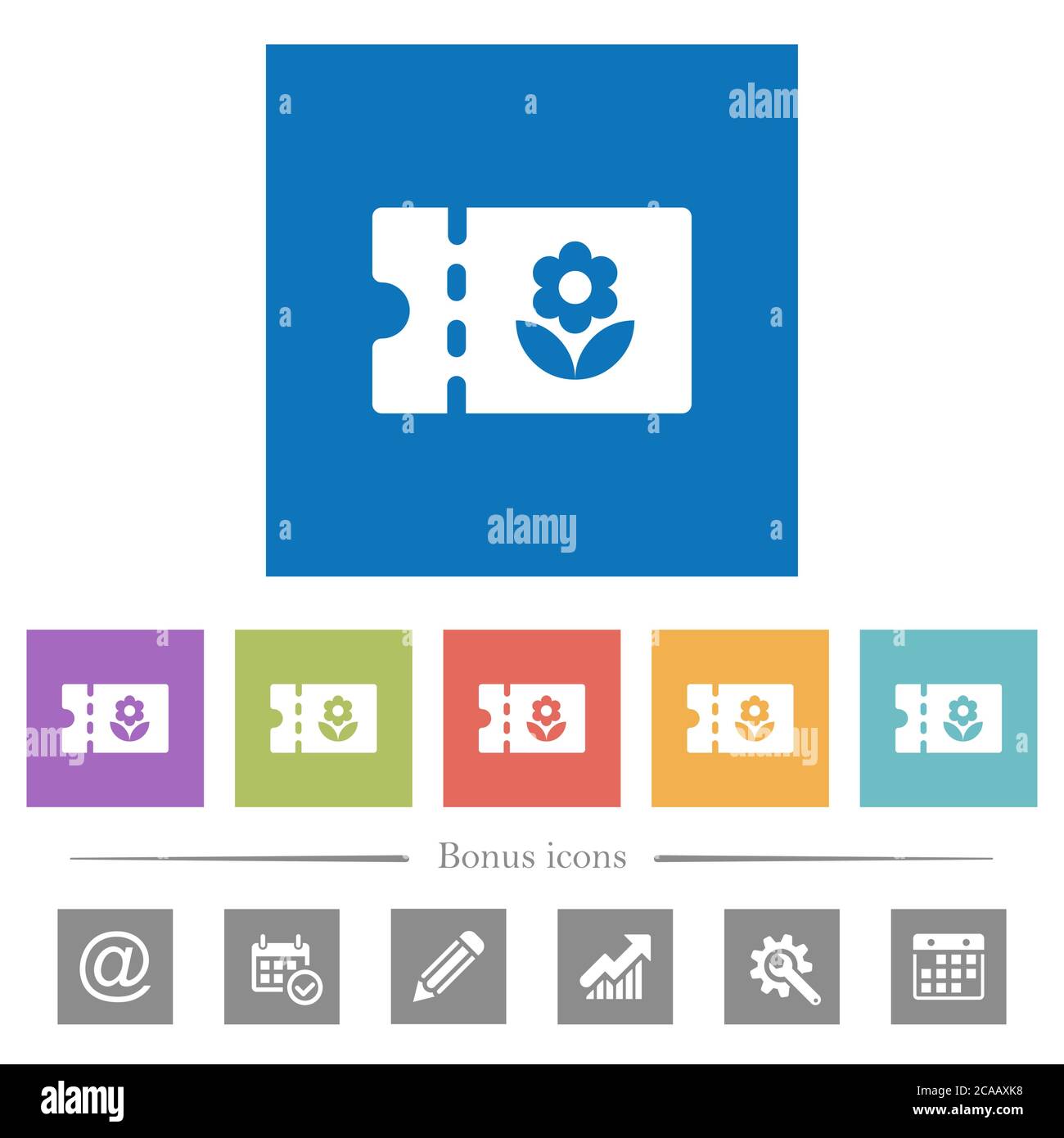 Flower shop discount coupon flat white icons in square backgrounds. 6 ...