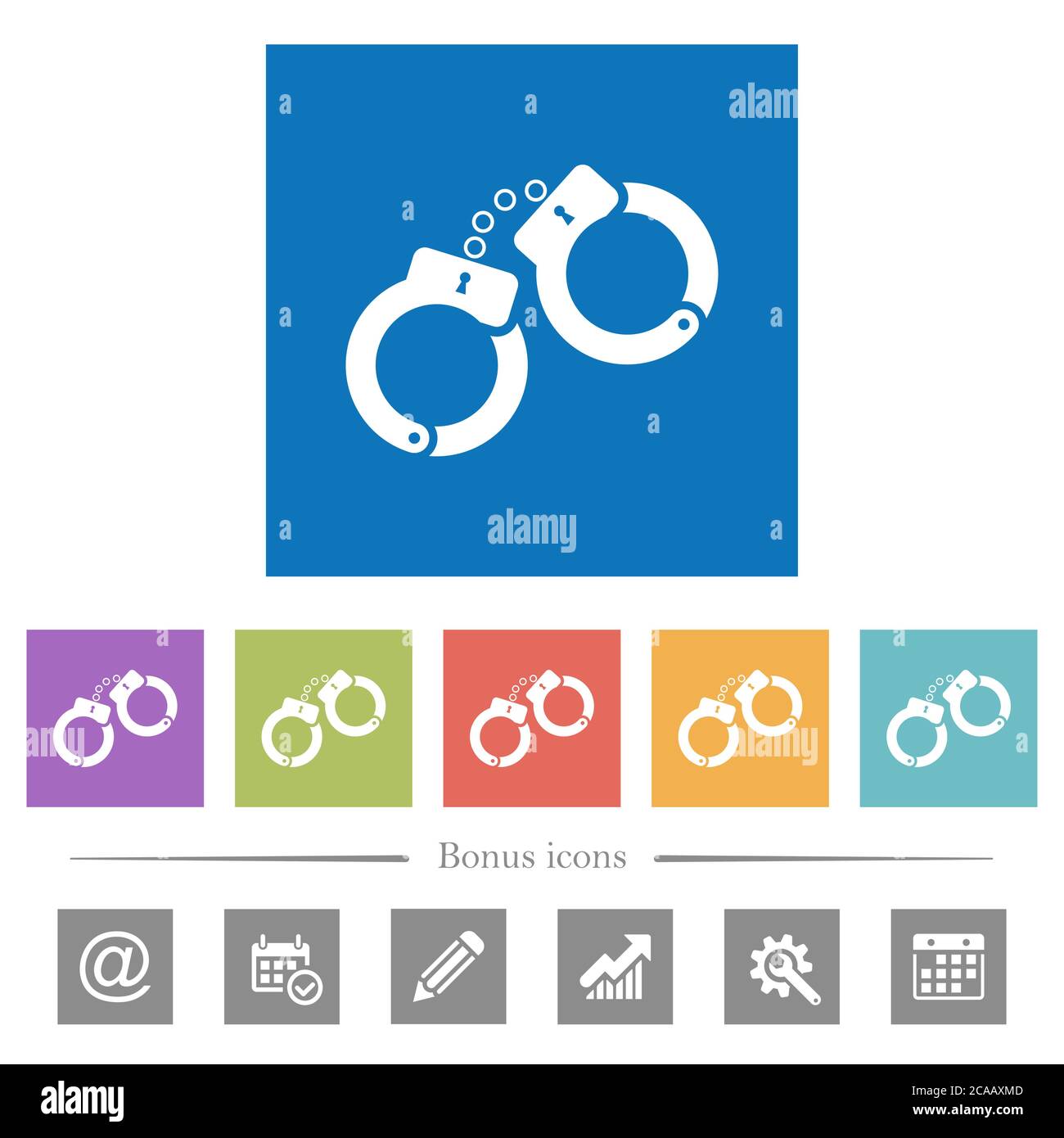 Handcuffs flat white icons in square backgrounds. 6 bonus icons ...