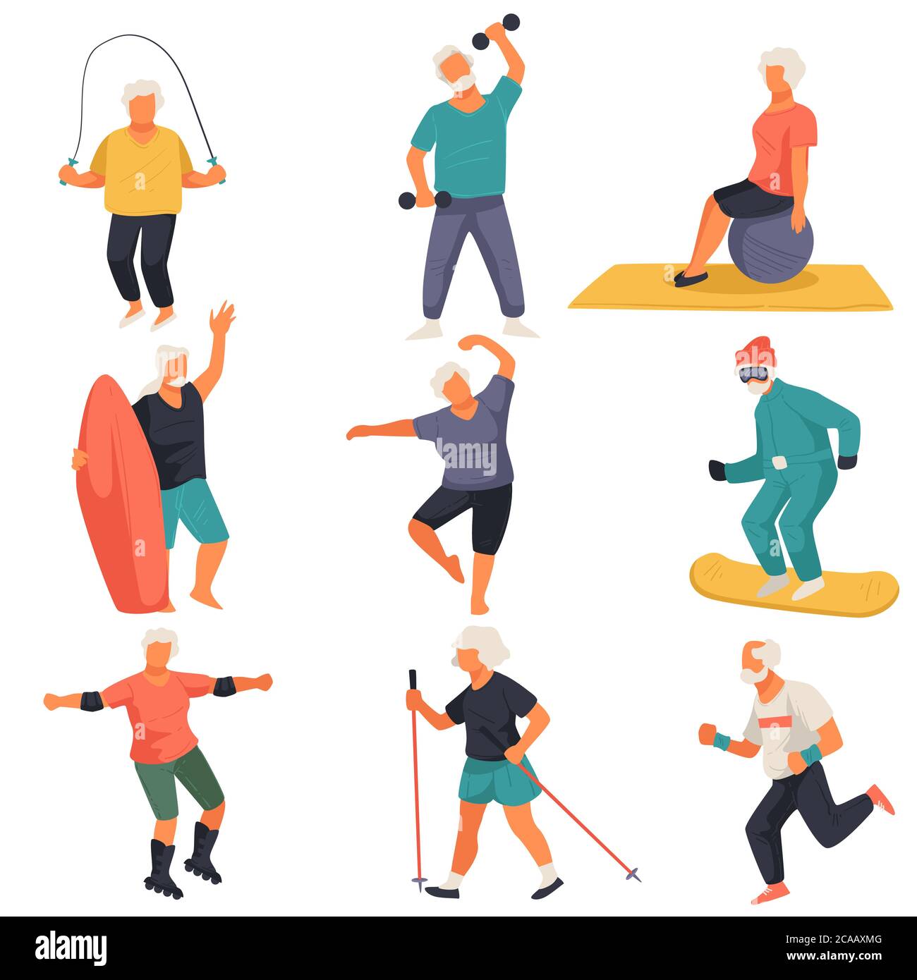 Senior characters leading active lifestyle, doing exercises vector ...