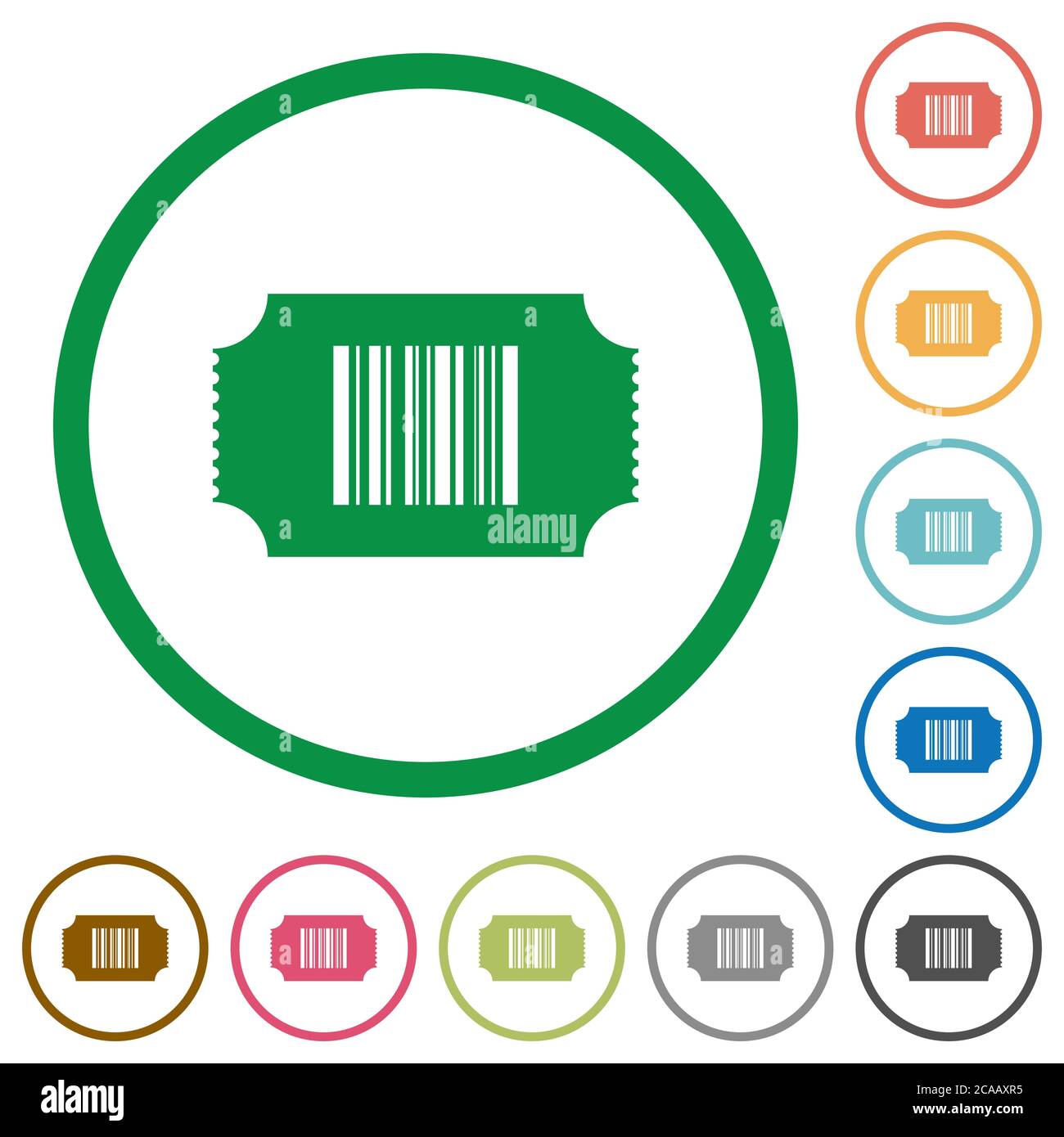 Ticket with barcode flat color icons in round outlines on white ...
