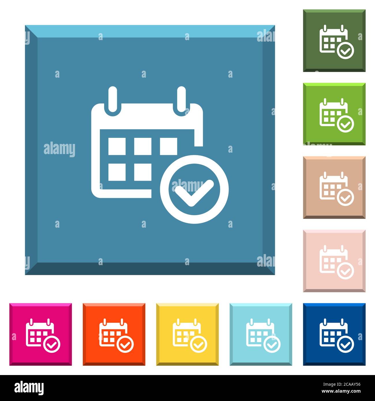 Calendar check white icons on edged square buttons in various trendy ...
