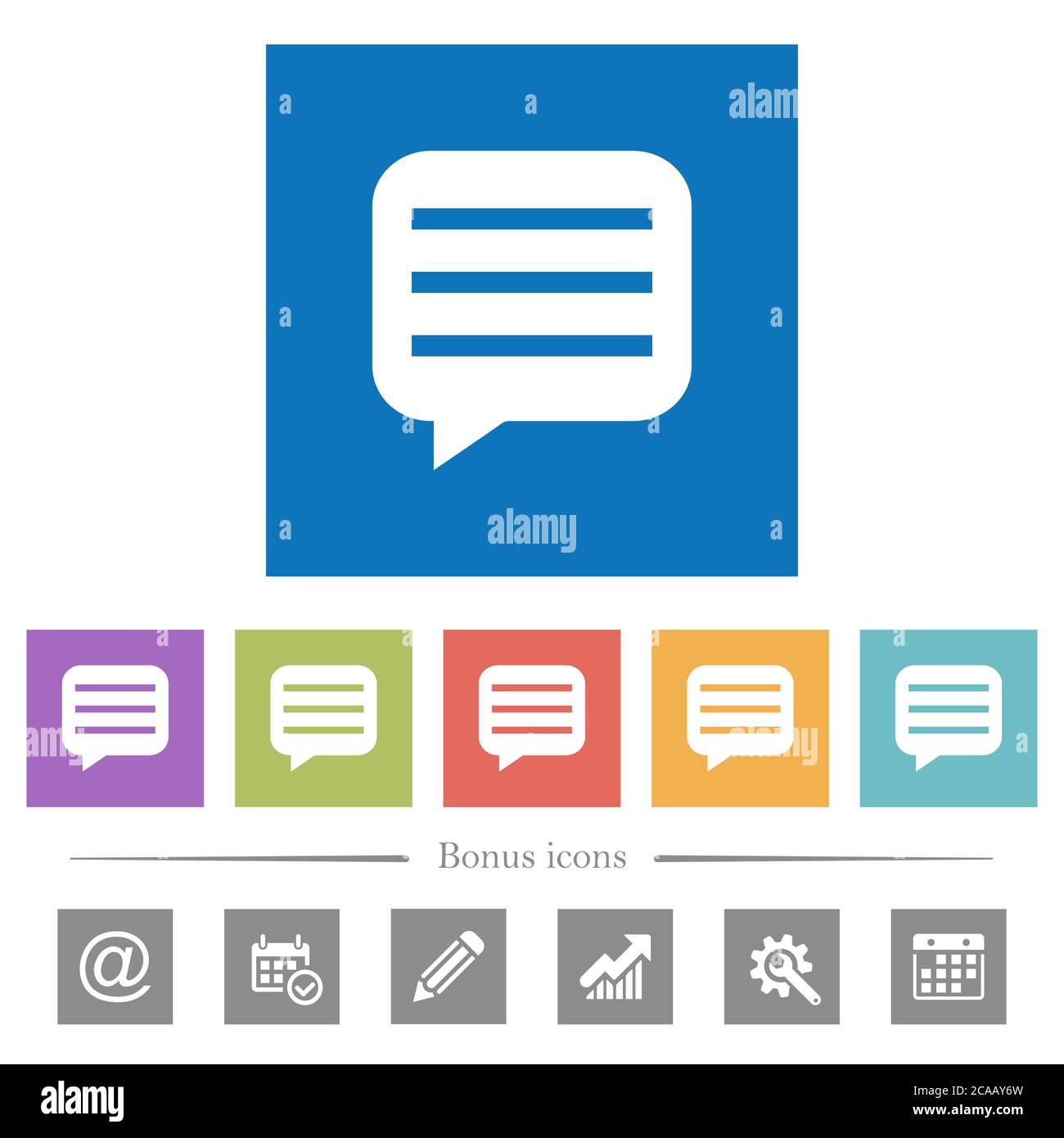 Message box with rows flat white icons in square backgrounds. 6 bonus ...
