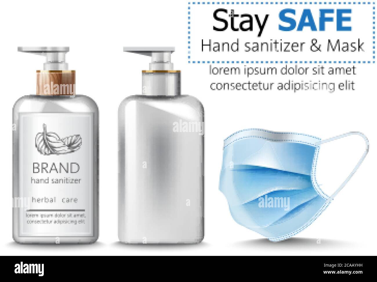 Stay safe banner with hand sanitizer and medical protective mask. Place ...