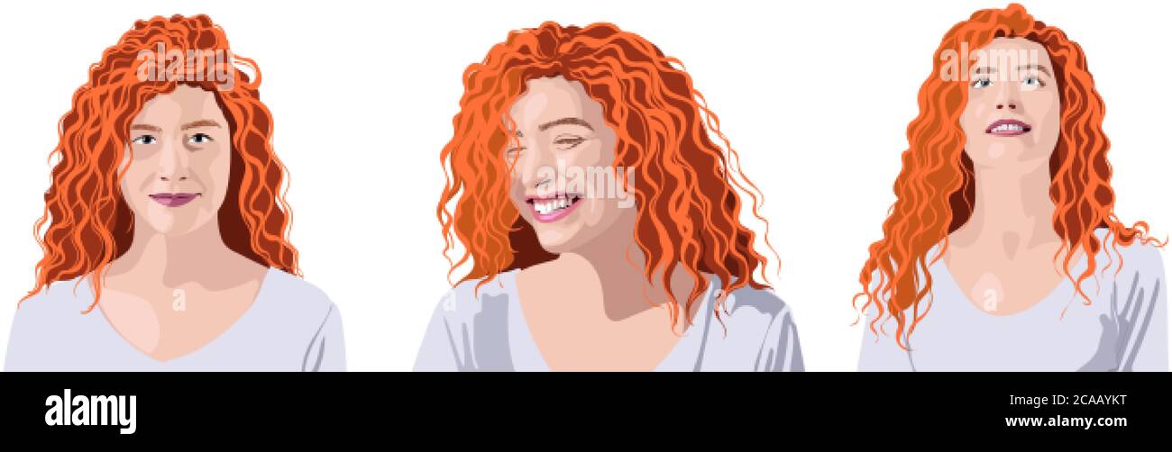 Set of curly ginger woman in white t-shirt with different facial ...