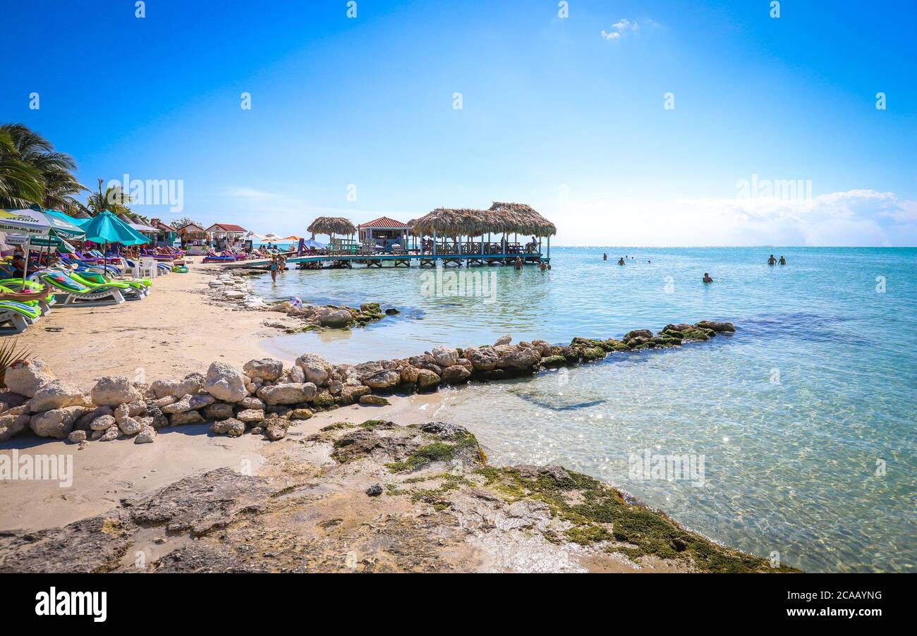 AMBERGRIS CAYE, BELIZE - Feb 17, 2019: Secret Beach sits on the clear ...