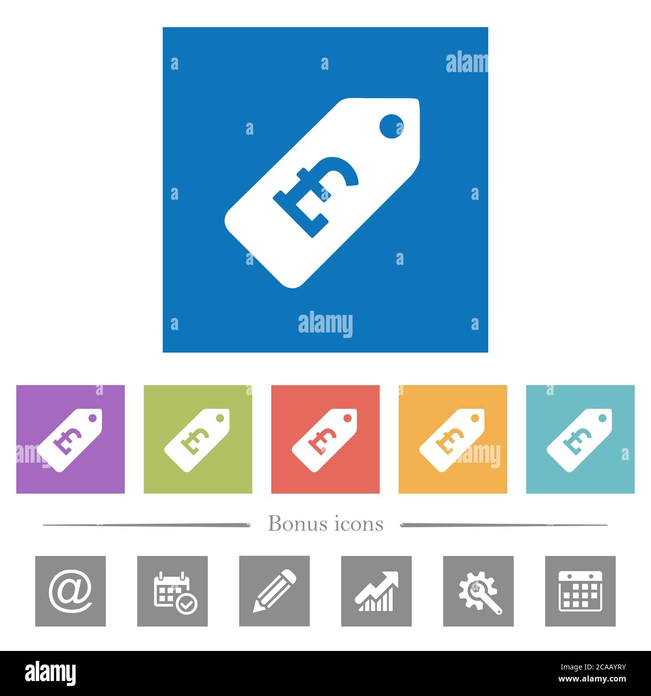 Pound price label flat white icons in square backgrounds. 6 bonus icons ...