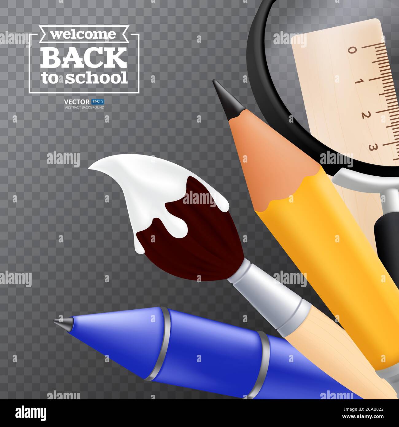 Back to school accessories set - blue pen, painting brush, pencil ...