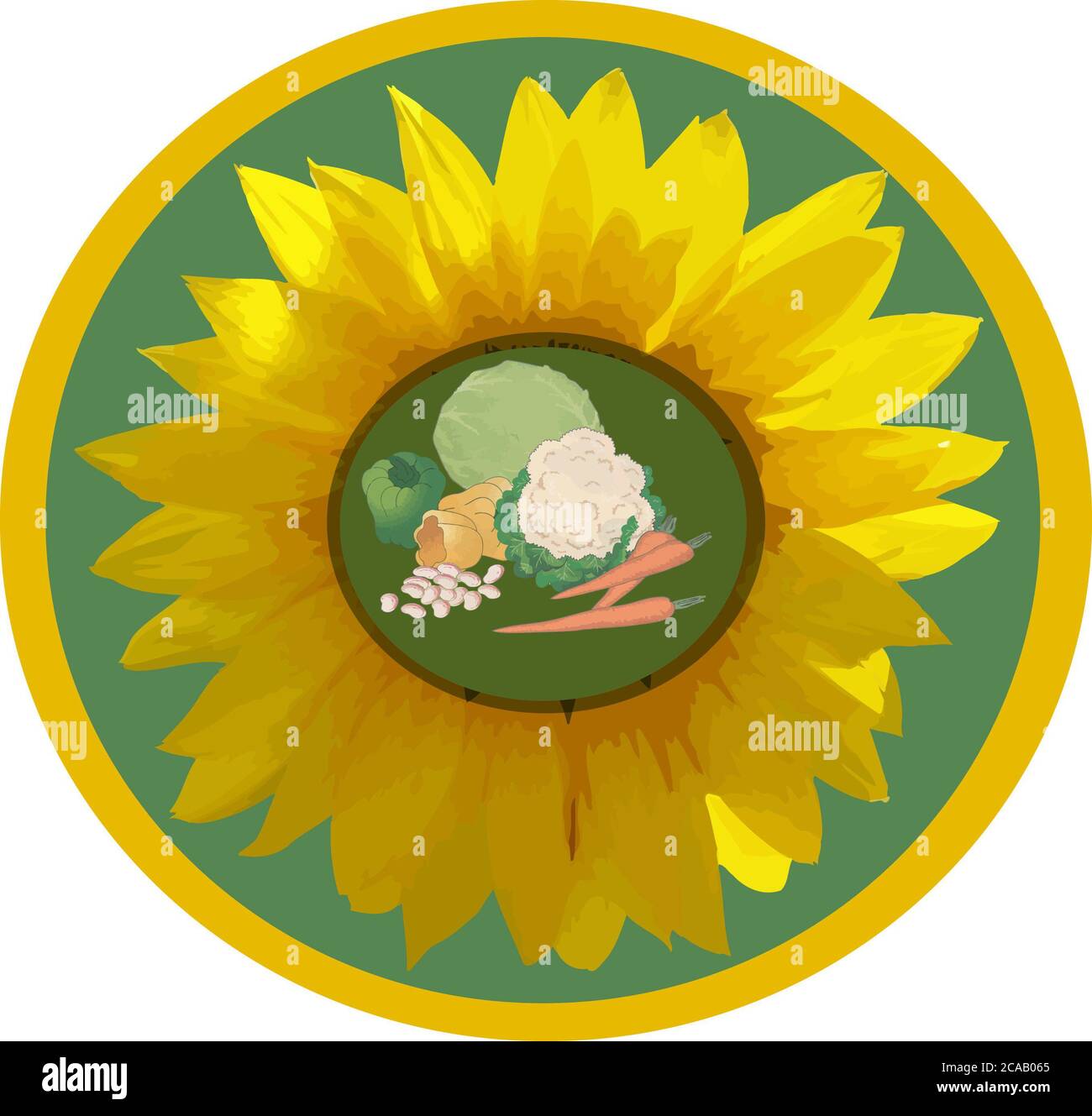 Round-shaped sticker with a sunflower and vegetables isolated on a ...