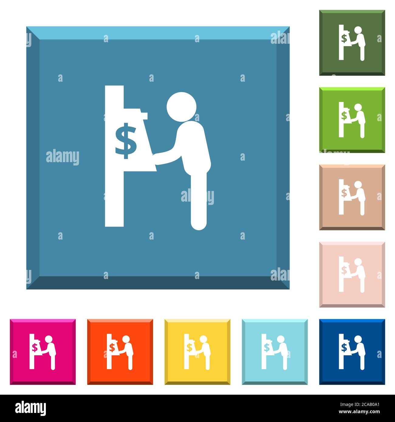 Dollar cash machine white icons on edged square buttons in various ...