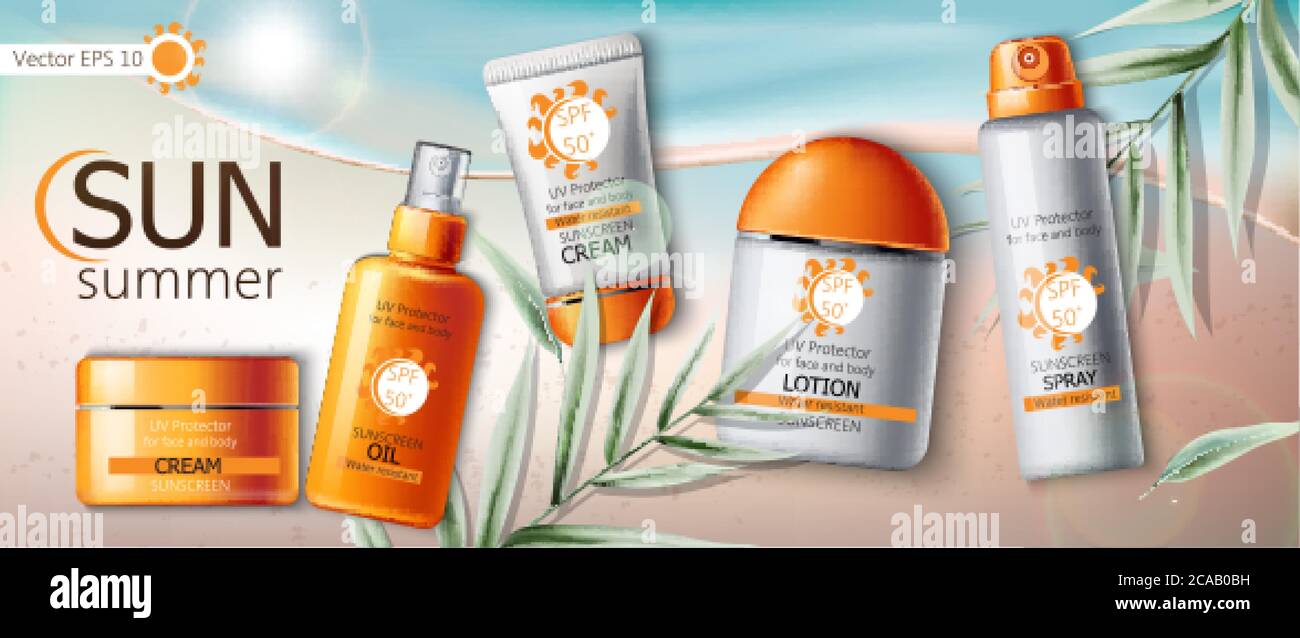 Set of sunscreen cream, lotion, spray and oil. UV protection. Water ...