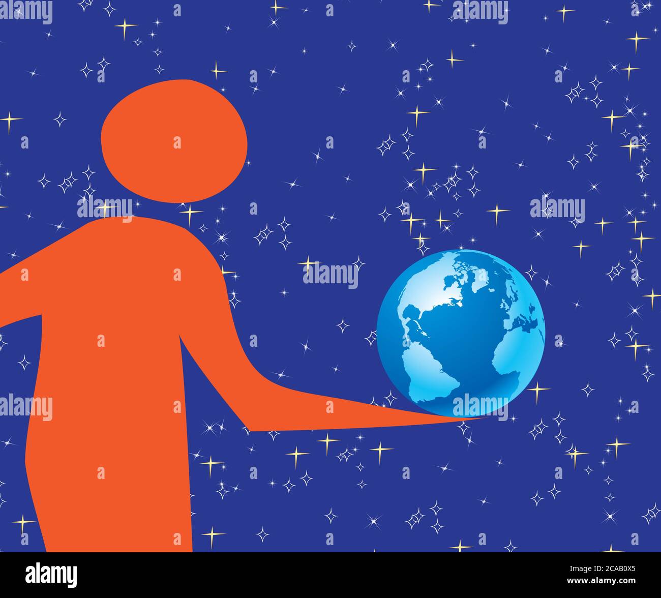Illustration of a red human figure with the Earth on a blue background ...