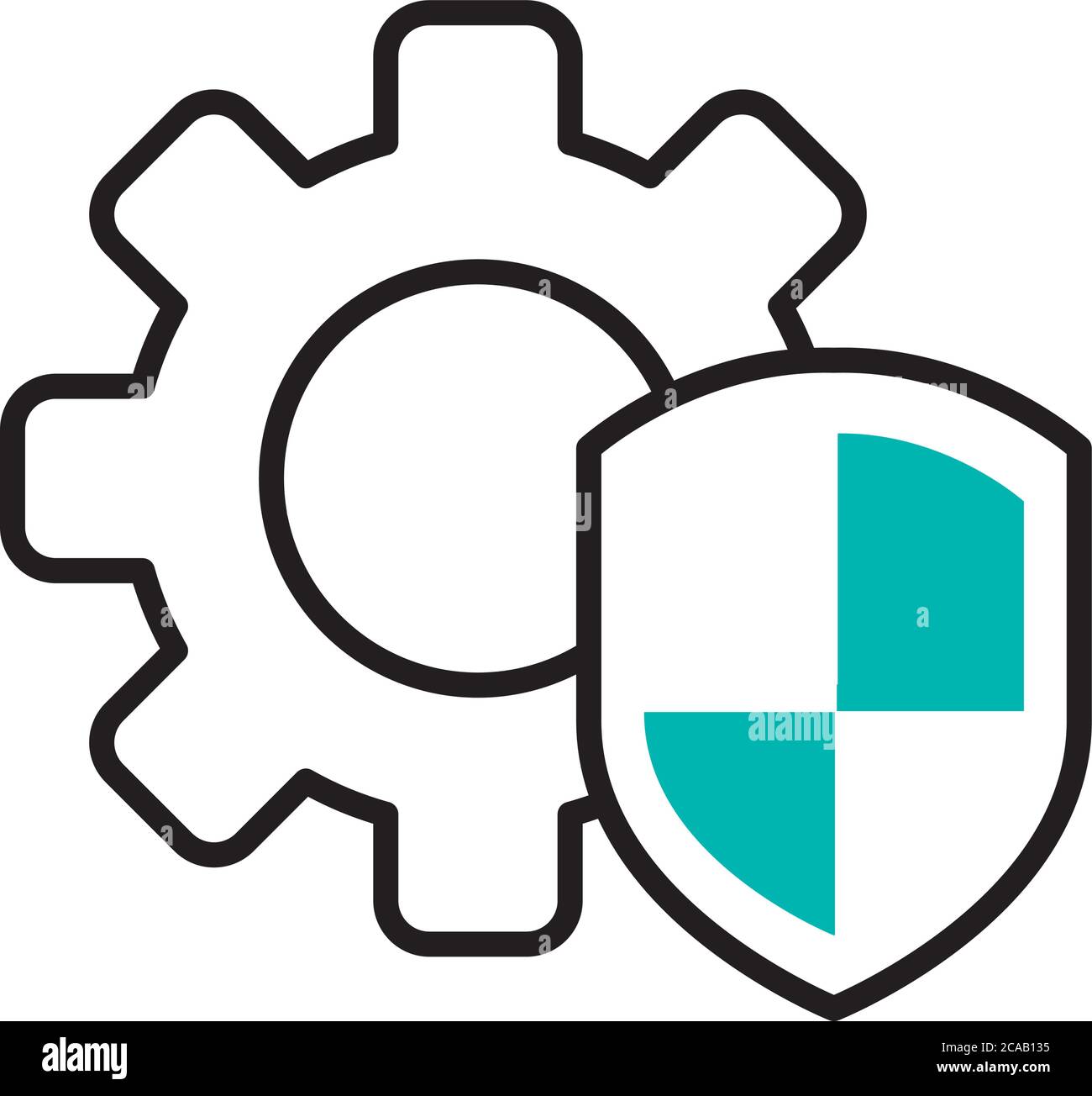 gear wheel with security shield icon over white background, half line ...