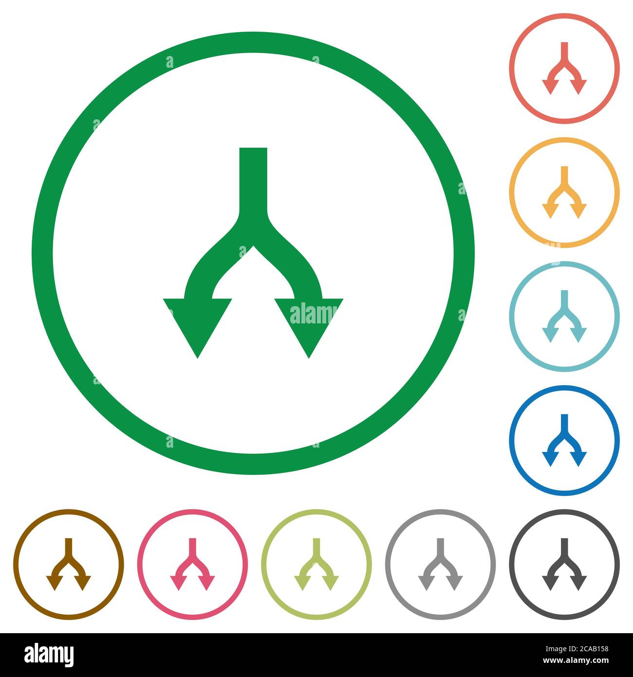 Split arrows down flat color icons in round outlines on white ...