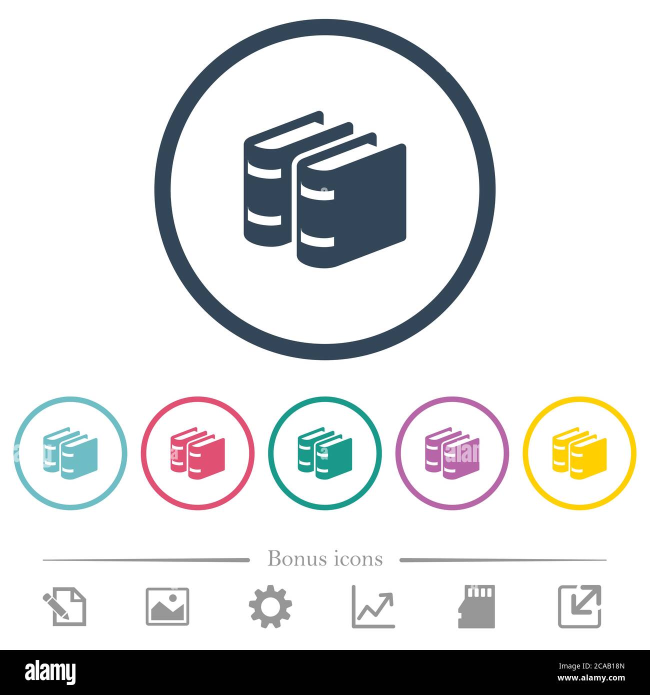Two books flat color icons in round outlines. 6 bonus icons included ...