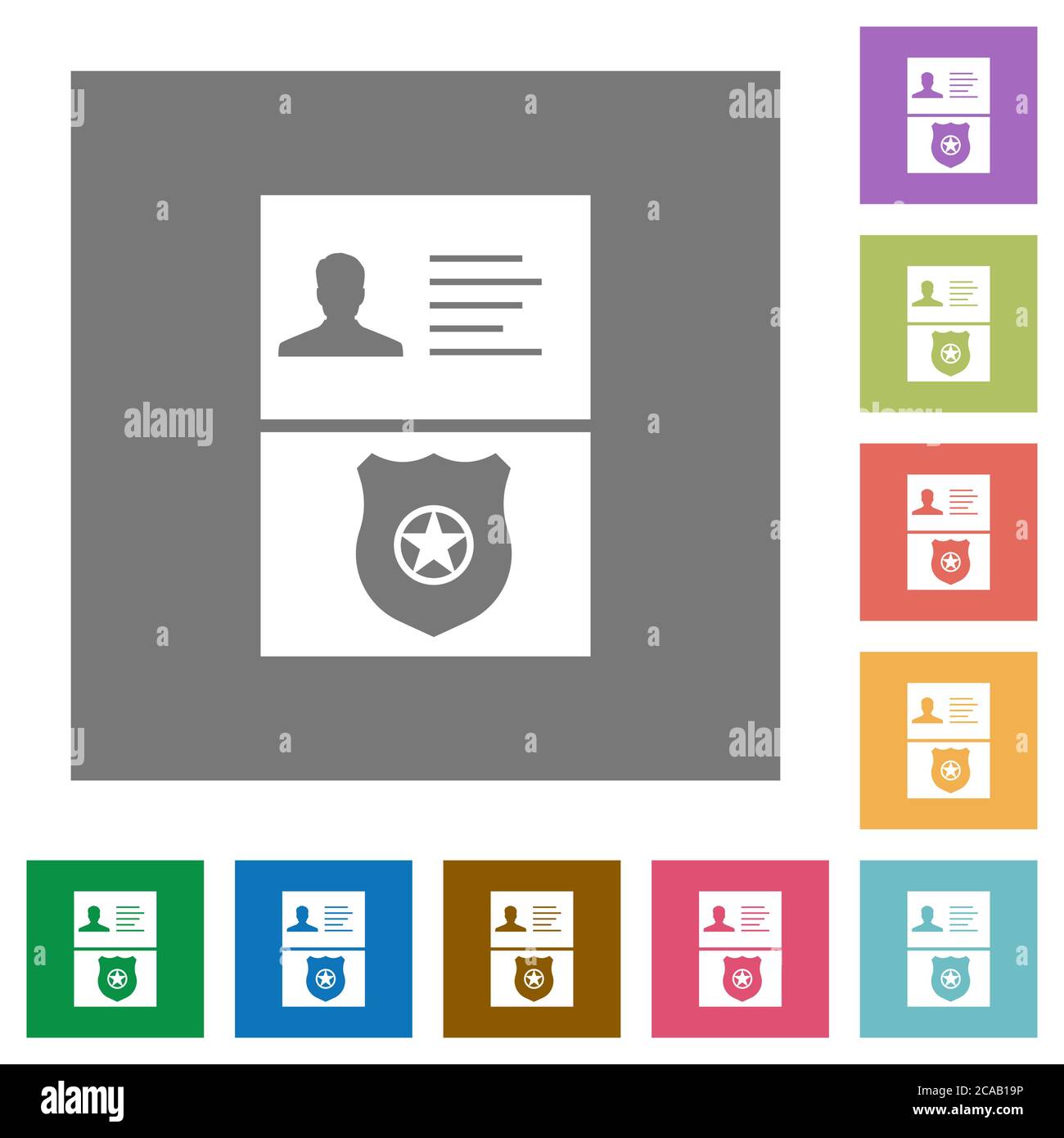 Police id and badge flat icons on simple color square backgrounds Stock ...