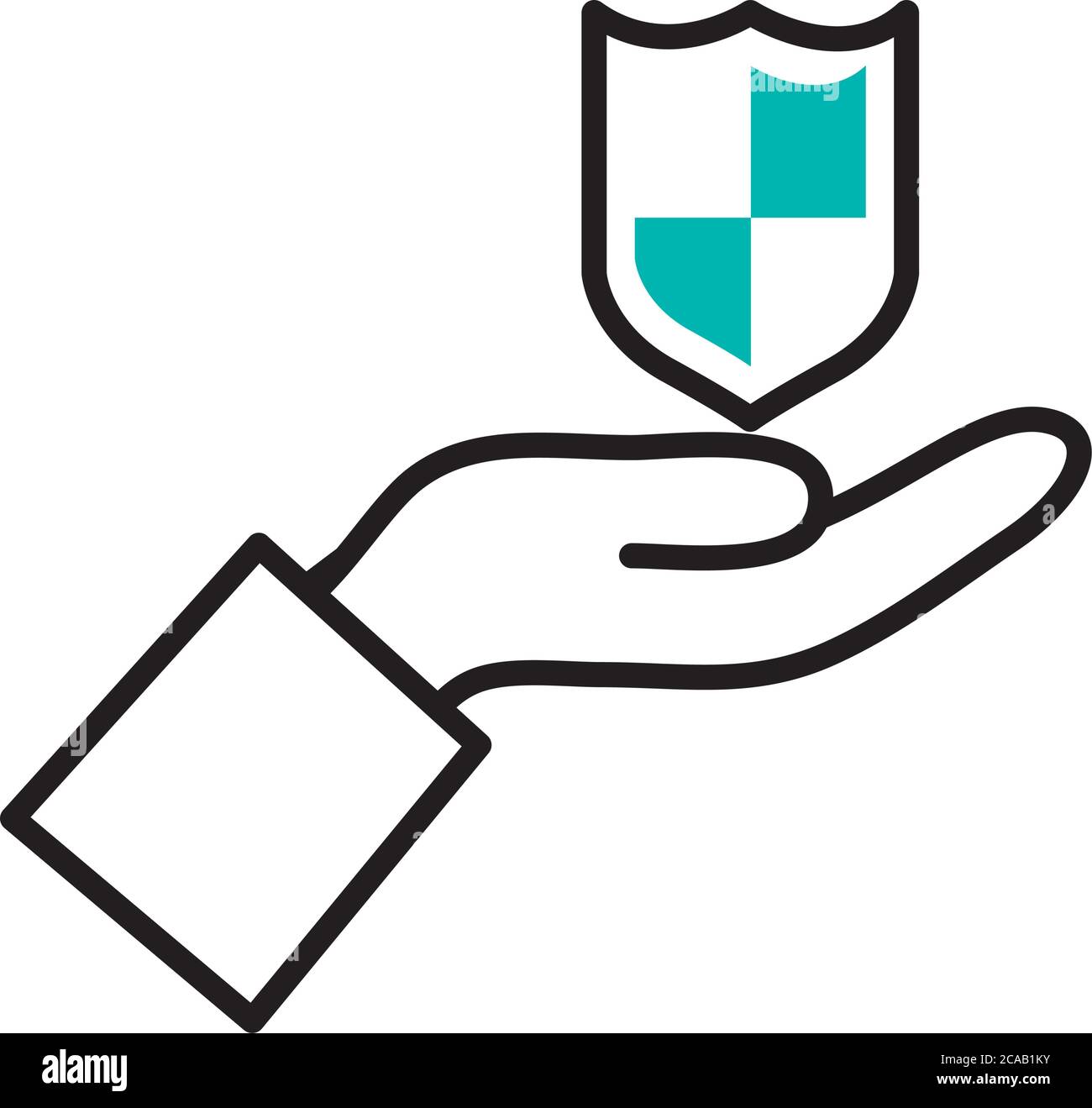 hand with security shield icon over white background, half line half ...