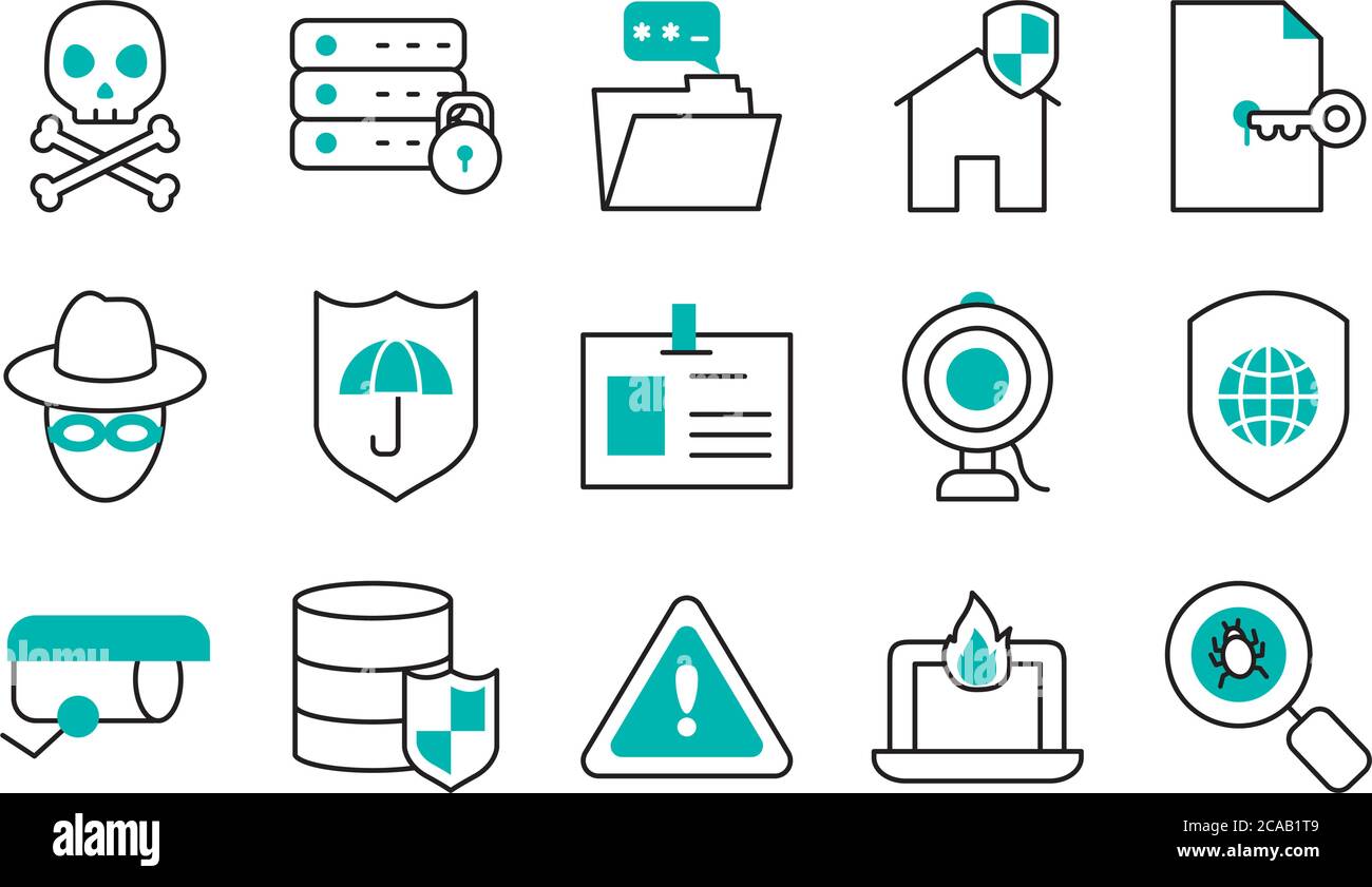 icon set of hacker and cyber security over white background, half line ...