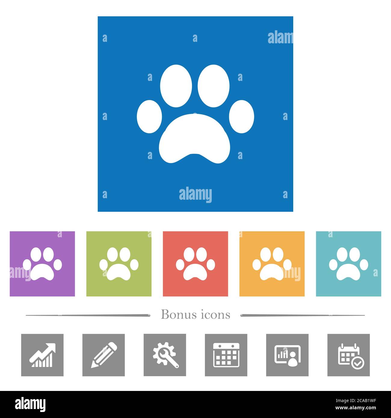 Paw prints flat white icons in square backgrounds. 6 bonus icons ...